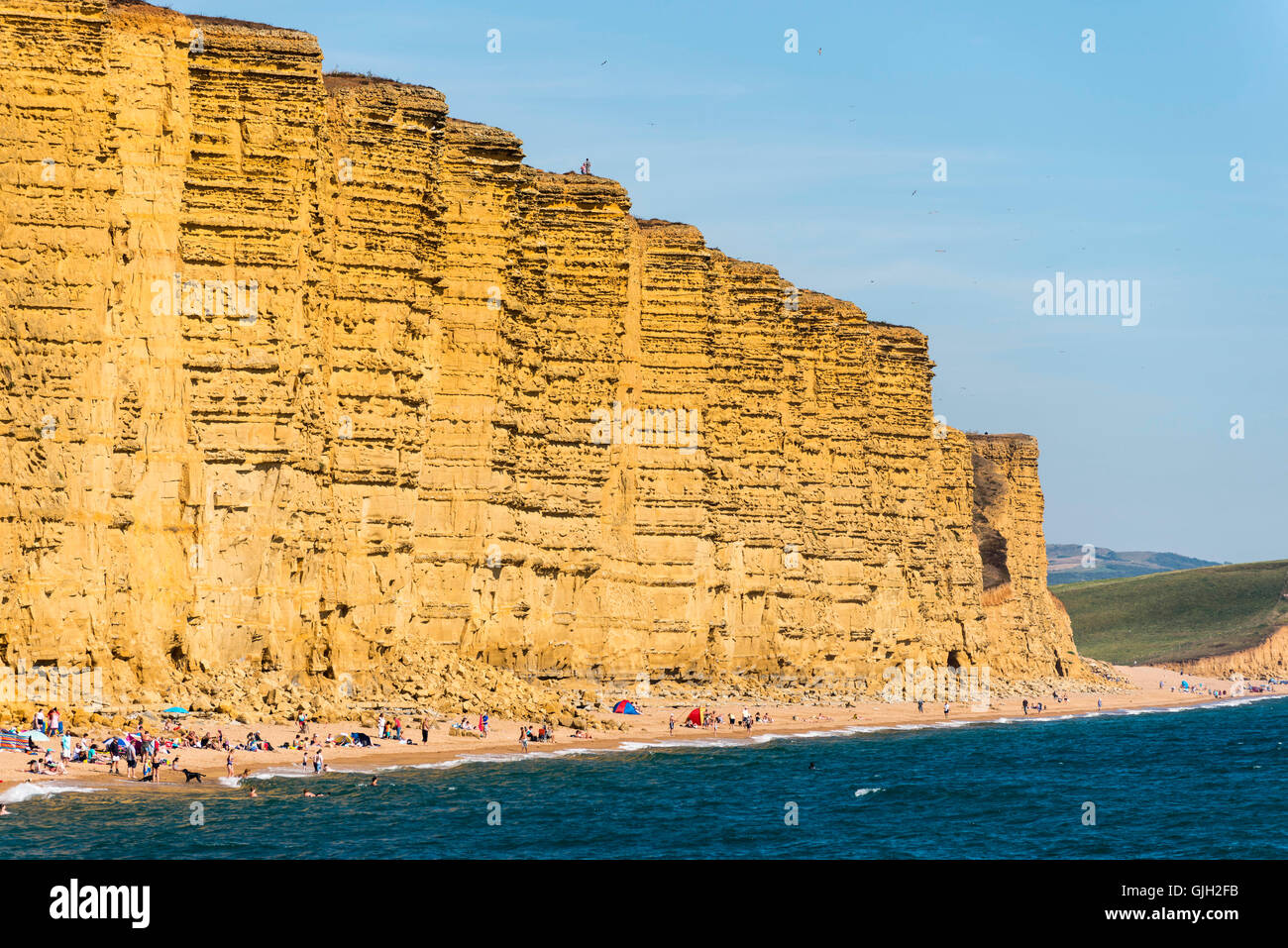 West Bay, Dorset, UK. 16th August, 2016. Landslide danger. A packed ...