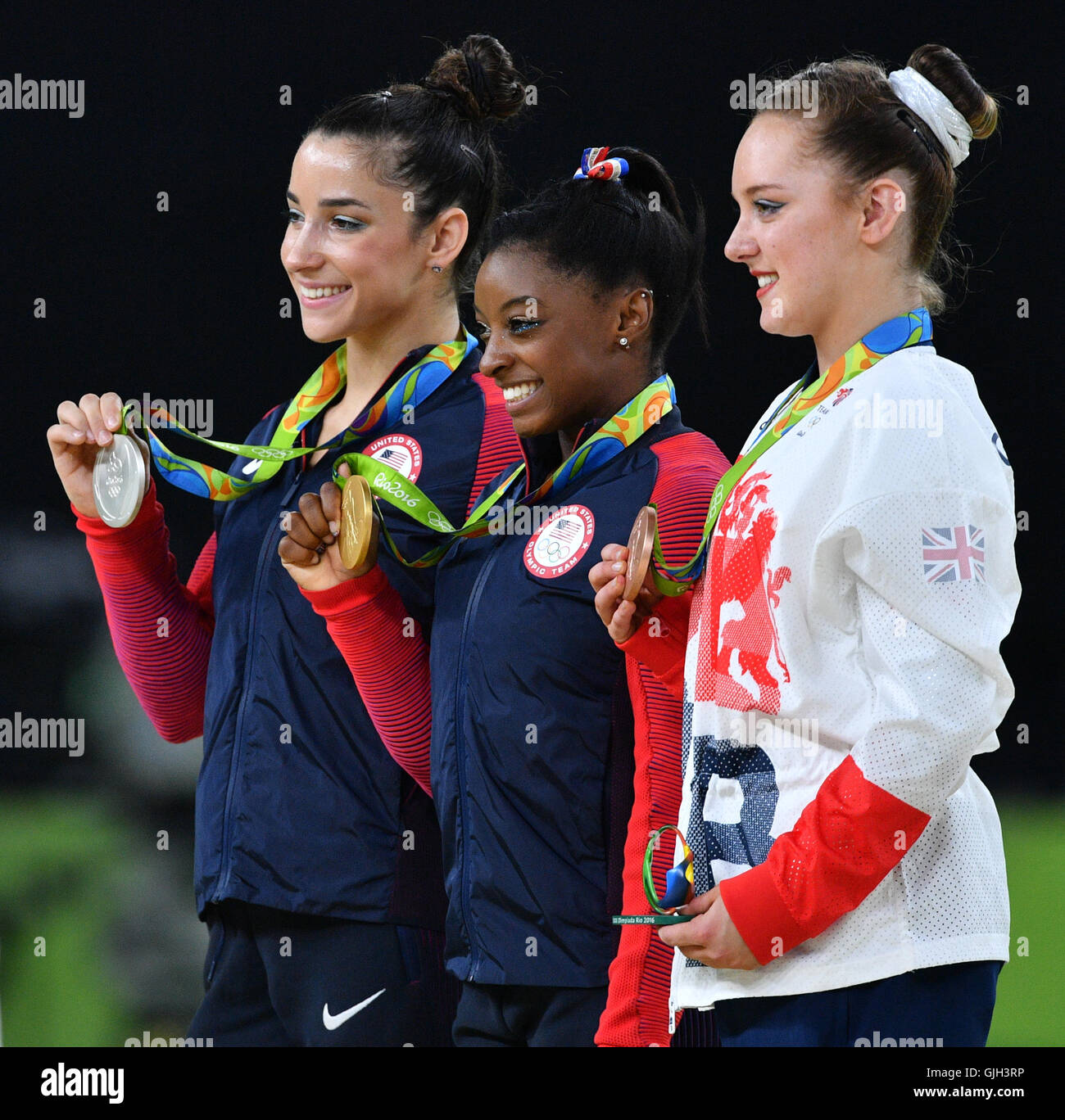 Rio de Janeiro, Brazil. 16th Aug, 2016. Gold medalist Simone Biles (C ...