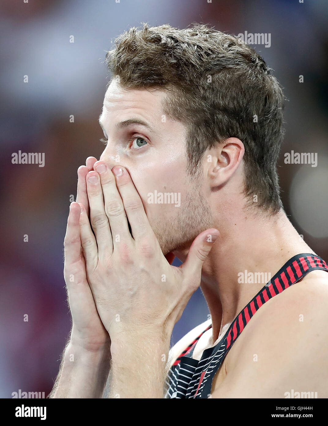 Rio De Janeiro, Brazil. 16th Aug, 2016. Canada's Derek Drouin reacts ...