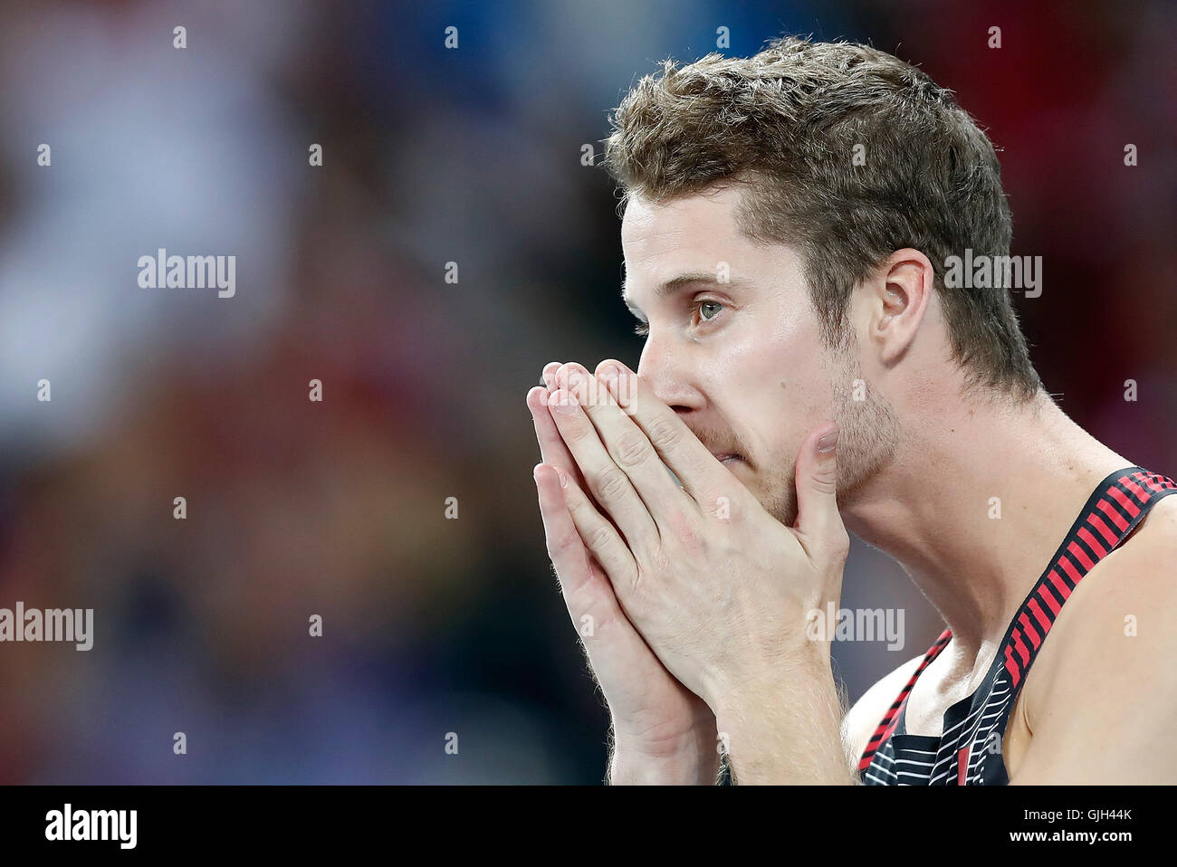 Rio De Janeiro, Brazil. 16th Aug, 2016. Canada's Derek Drouin reacts ...