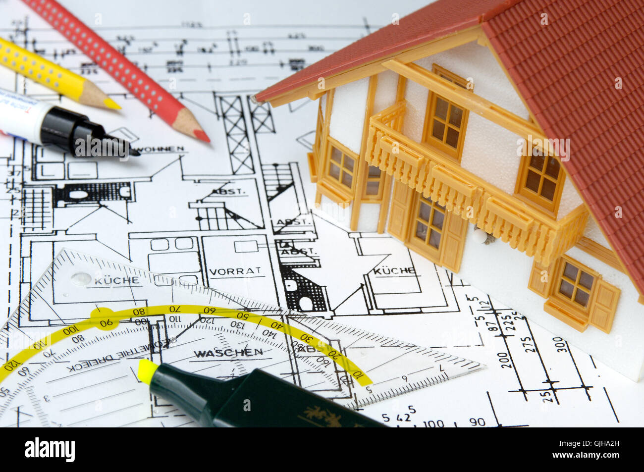 house model on ground plan drawing Stock Photo - Alamy