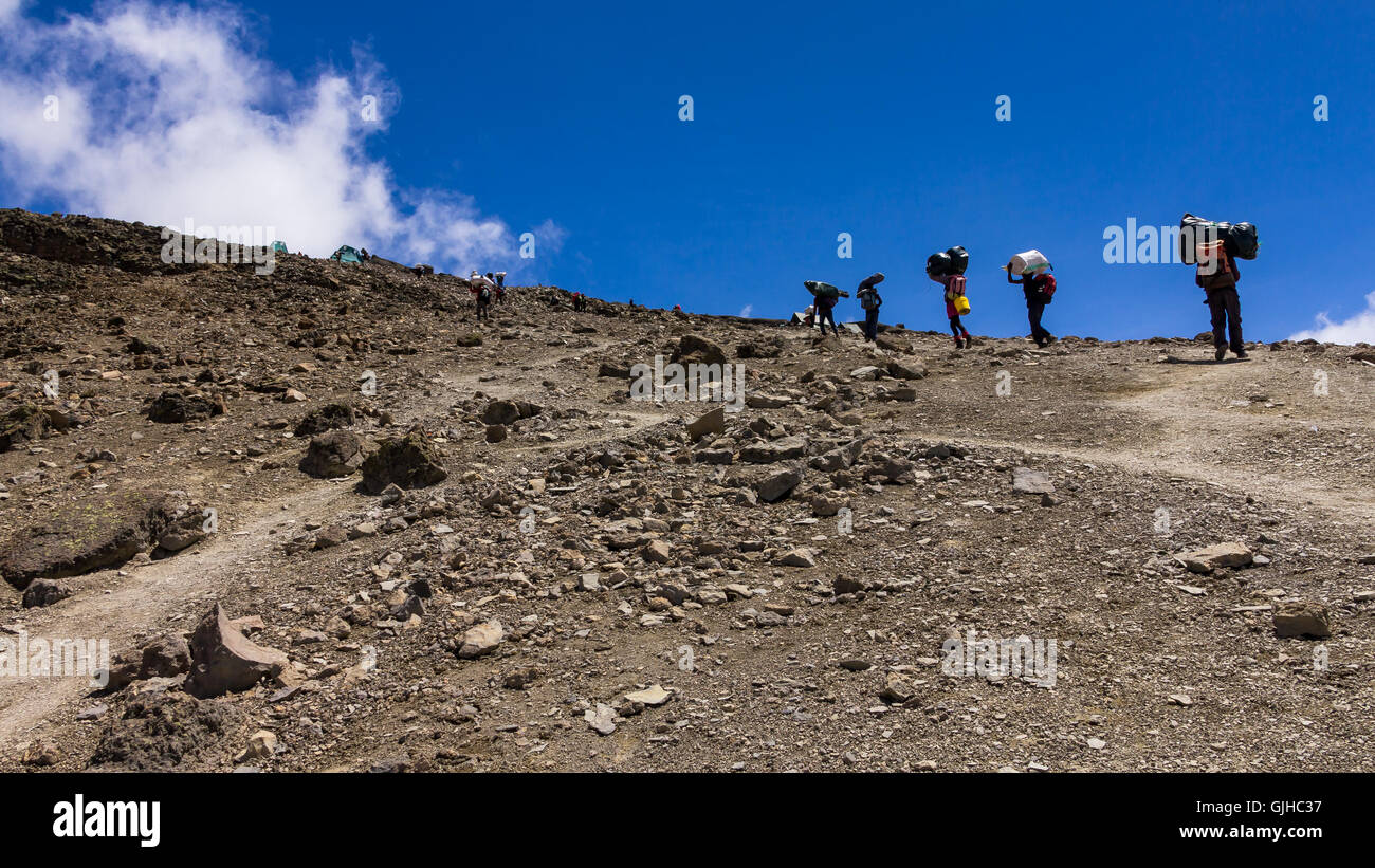 Porters approaching Barafu Camp on Mount Kilimanjaro, Tanzania Stock ...