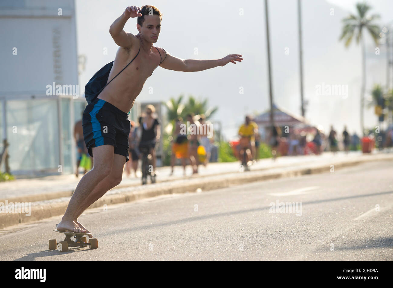 RIO DE JANEIRO - MARCH 6, 2016: Brazilian skateboarder rolls along the ...