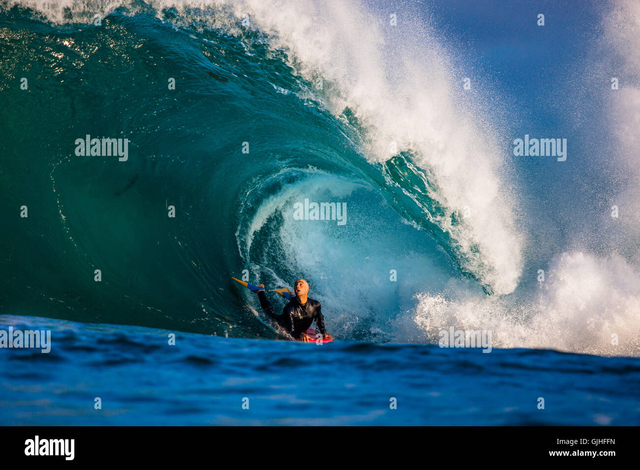 Man bodyboarding barrel wave, Australia Stock Photo - Alamy