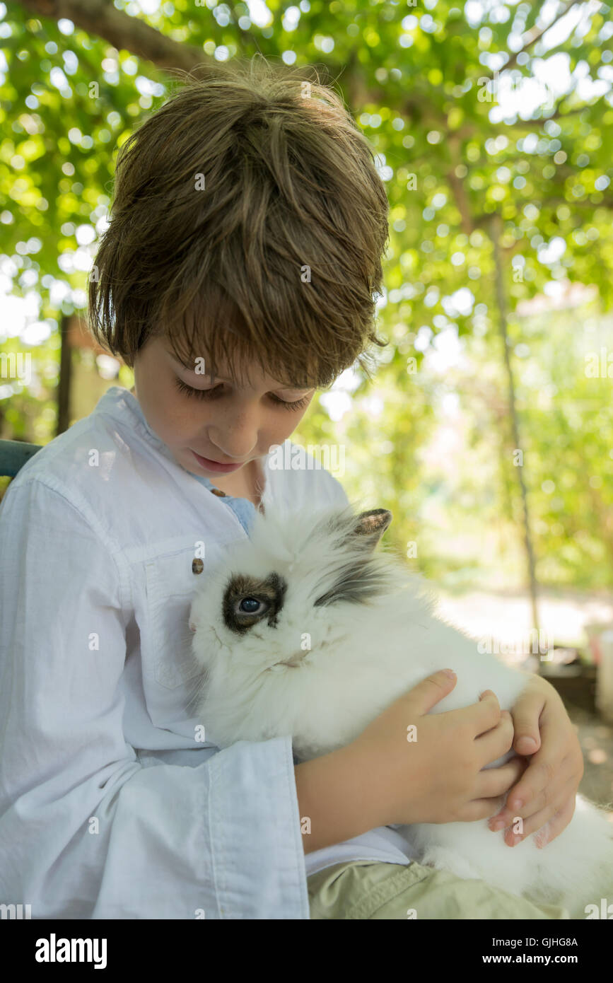 Boy sitting with pet rabbit hi-res stock photography and images - Alamy
