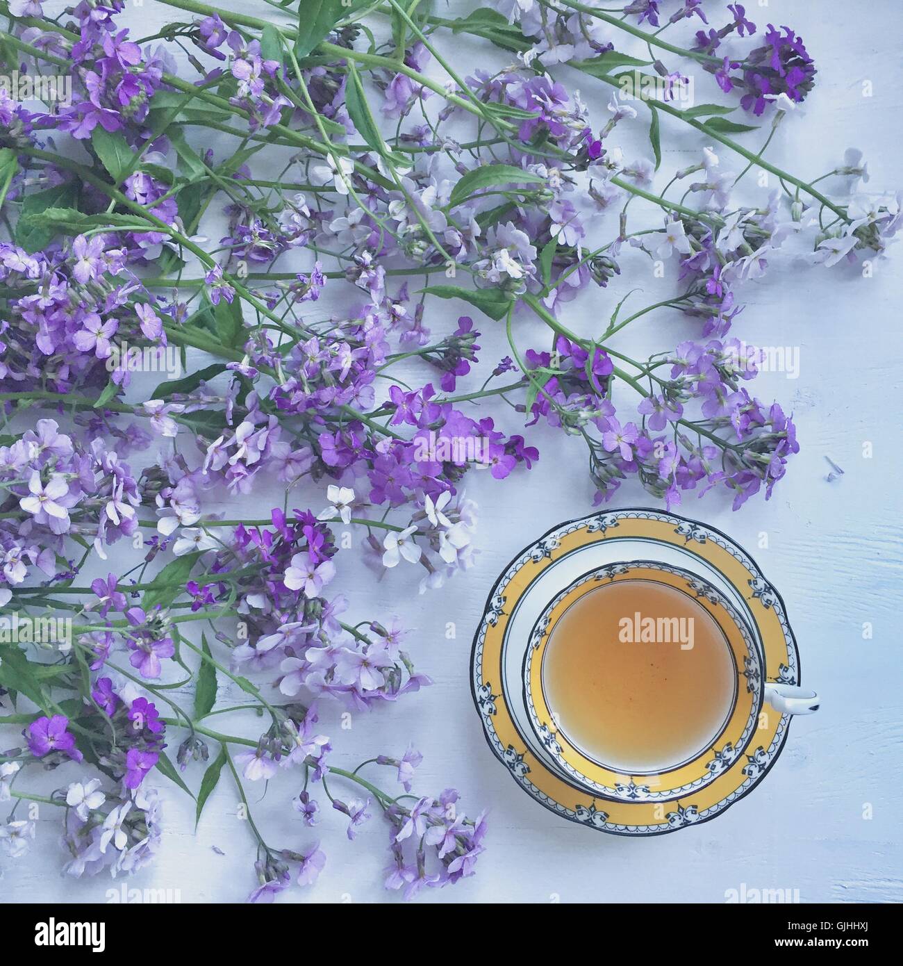 Purple wildflowers and cup of tea Stock Photo - Alamy