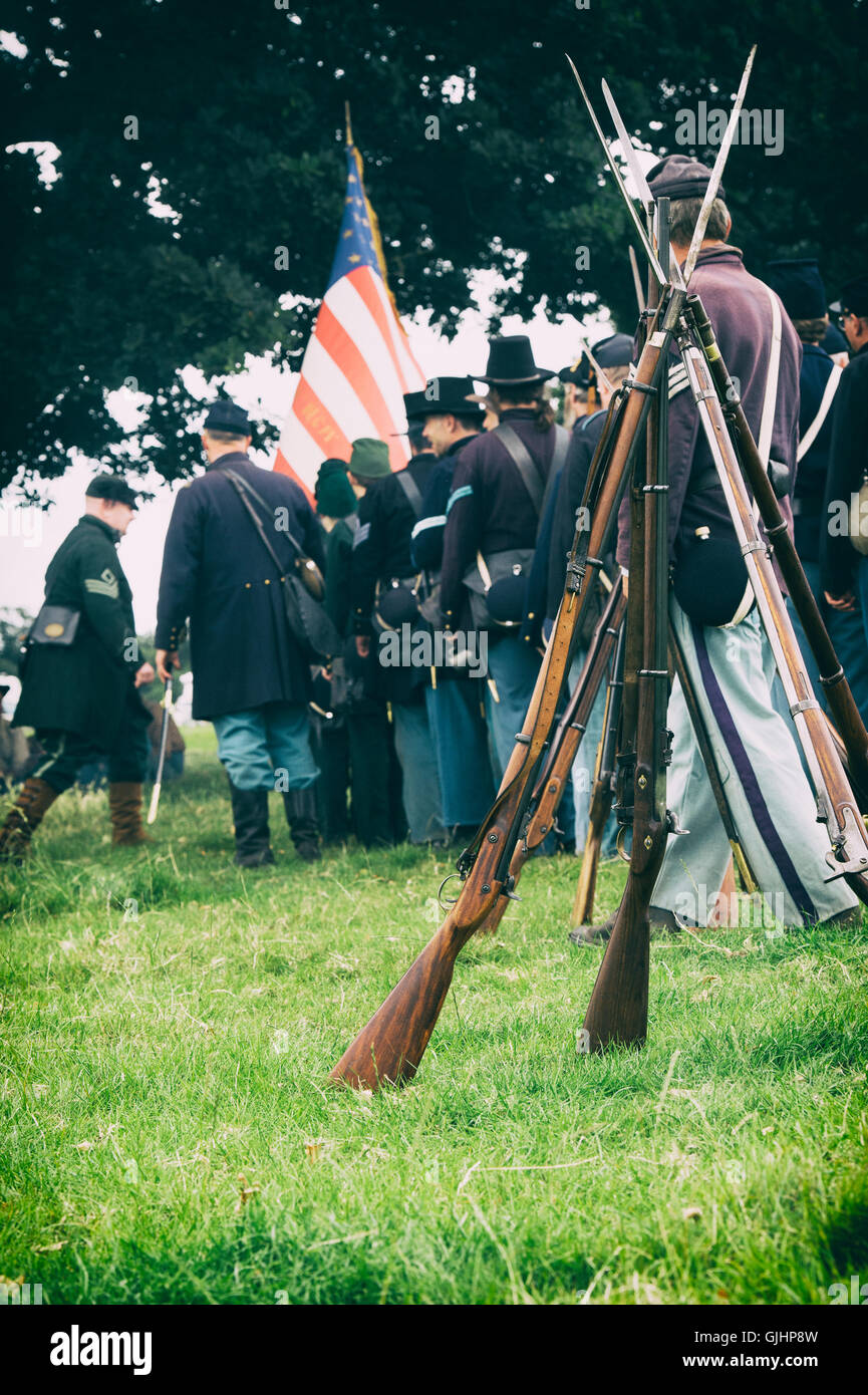 Rifles in the Union soldiers camp of a American Civil war reenactment ...