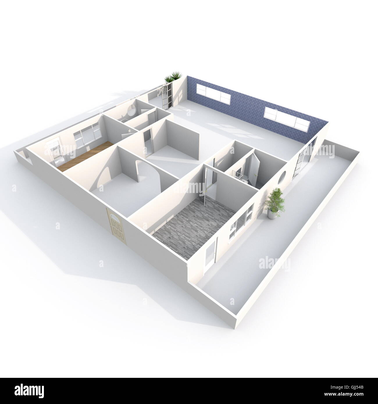 3d interior rendering perspective view of square empty paper model home ...