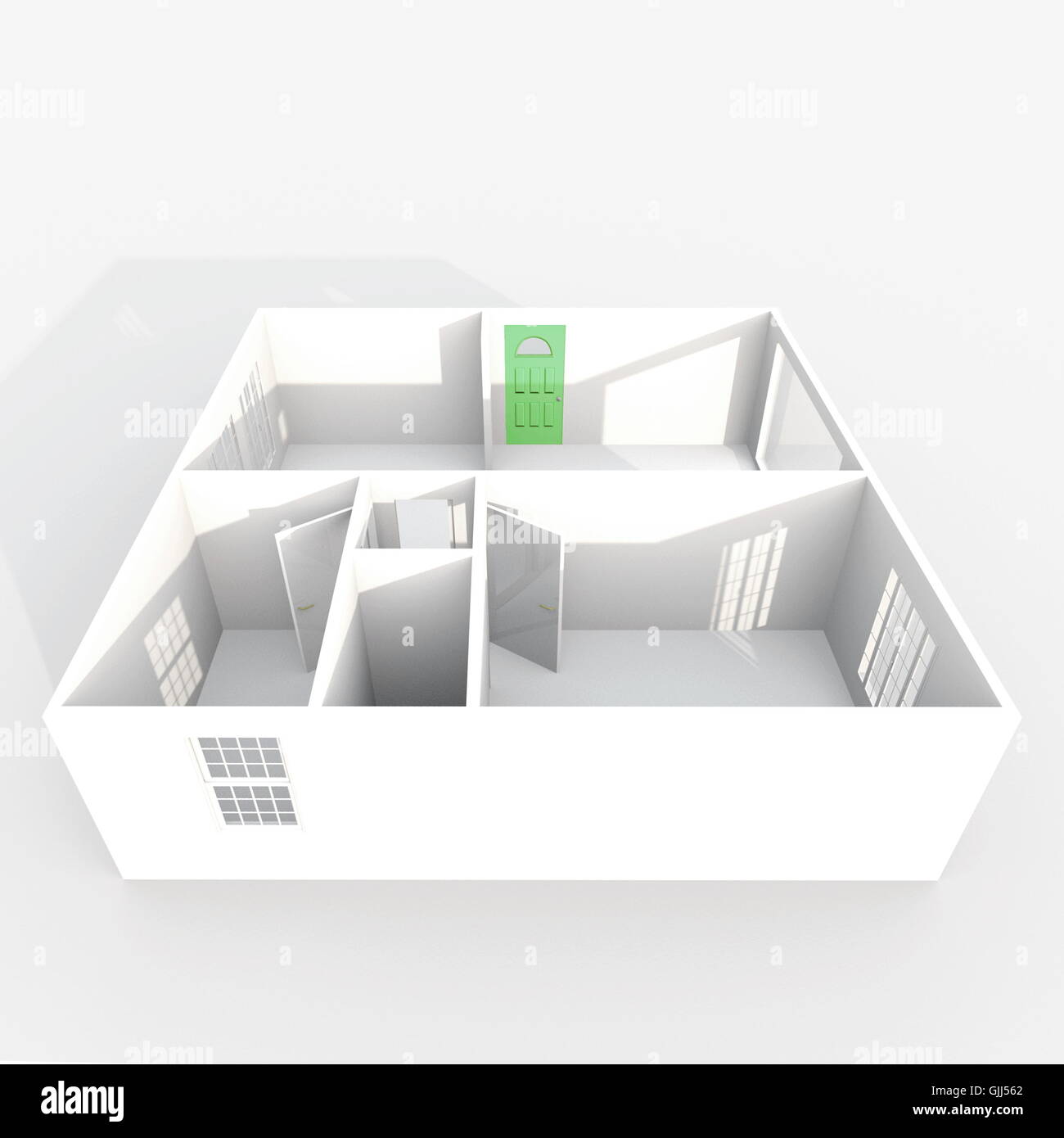 3d interior rendering perspective view of empty paper model home ...