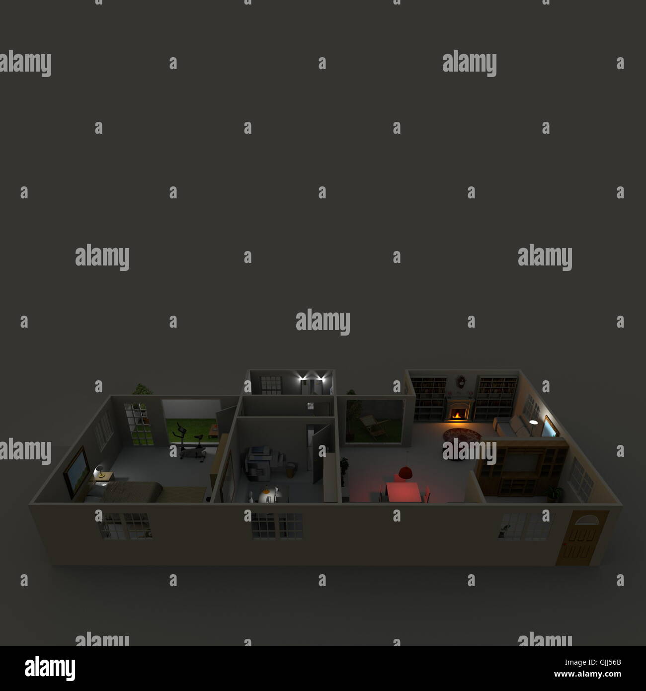 3d interior rendering perspective view of furnished rectangular home ...