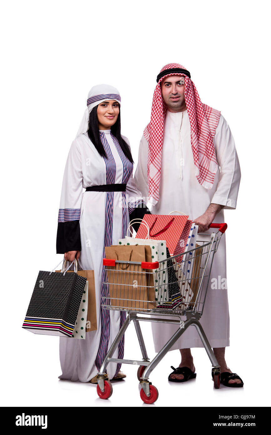 Happy arabic family after shopping isolated on white Stock Photo - Alamy