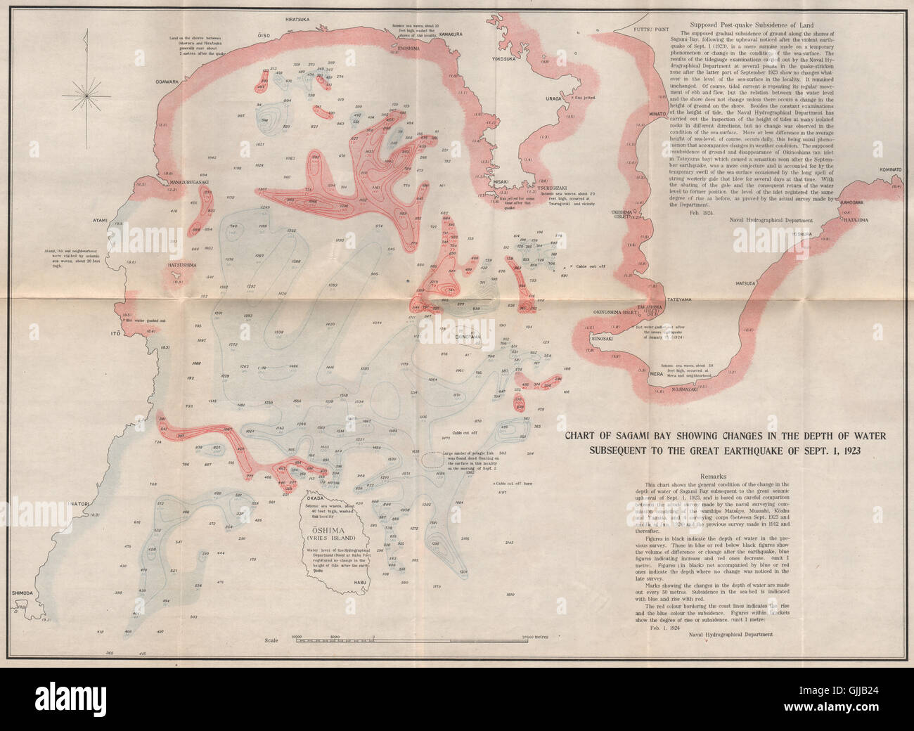 GREAT KANTO EARTHQUAKE 1923. Sagami Bay sea depth changes. Japan Tokyo ...