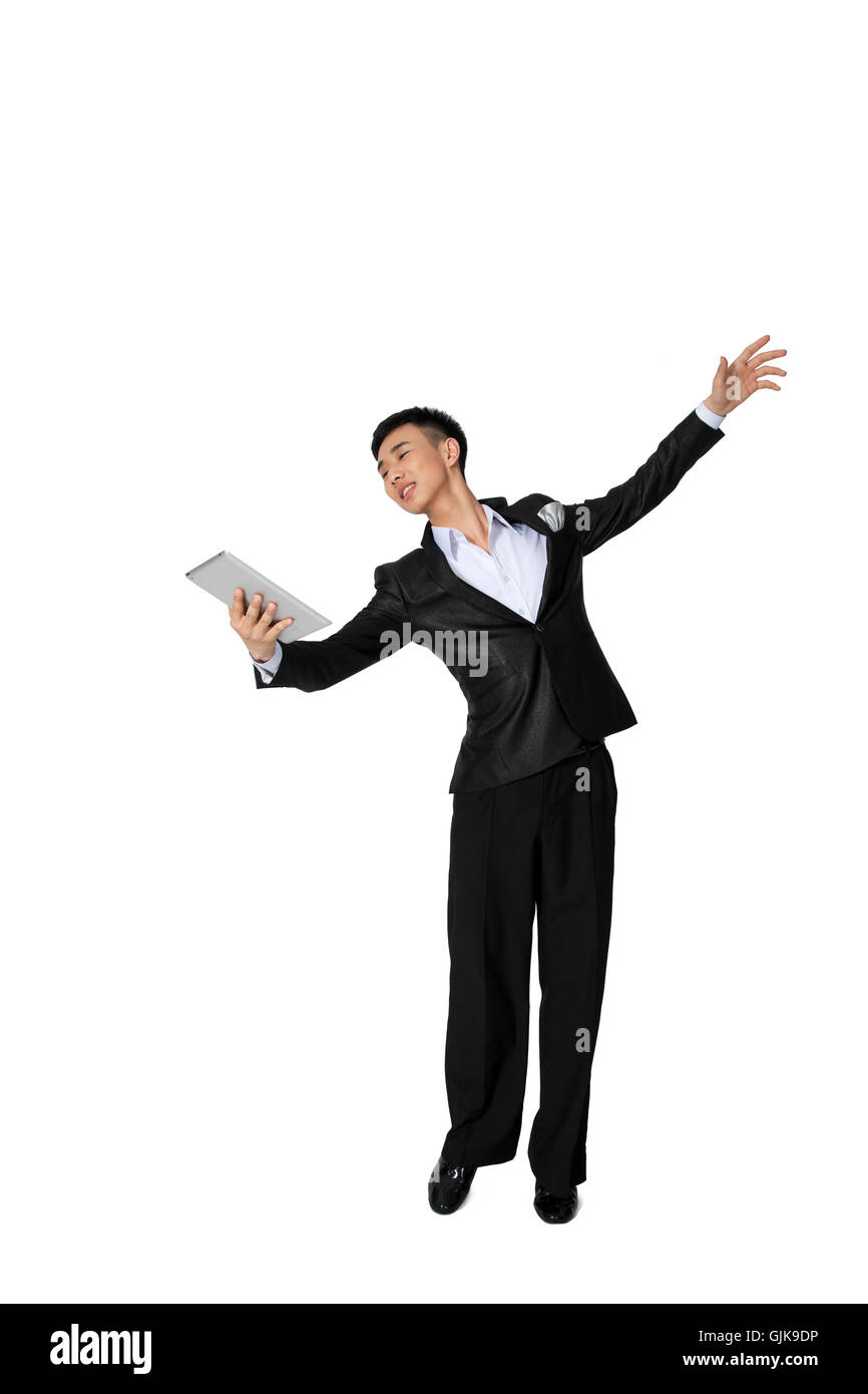Take your tablet shed clapping dancing young men Stock Photo - Alamy