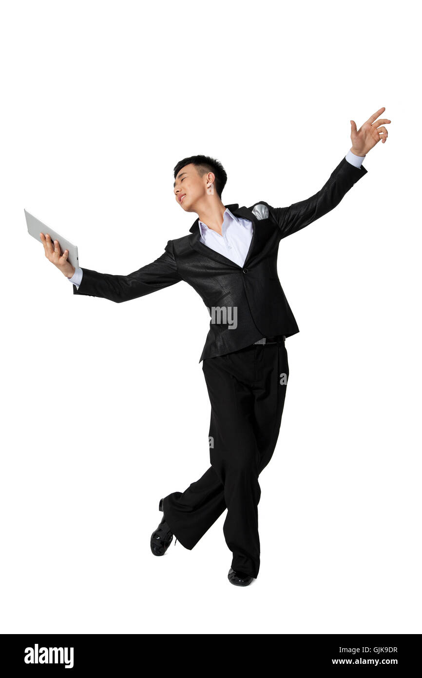 Take your tablet shed clapping dancing young men Stock Photo - Alamy