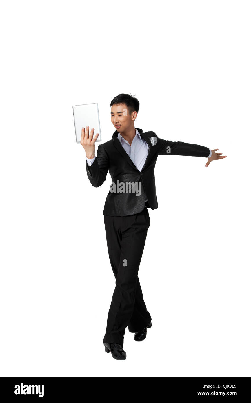Take your tablet shed clapping dancing young men Stock Photo - Alamy