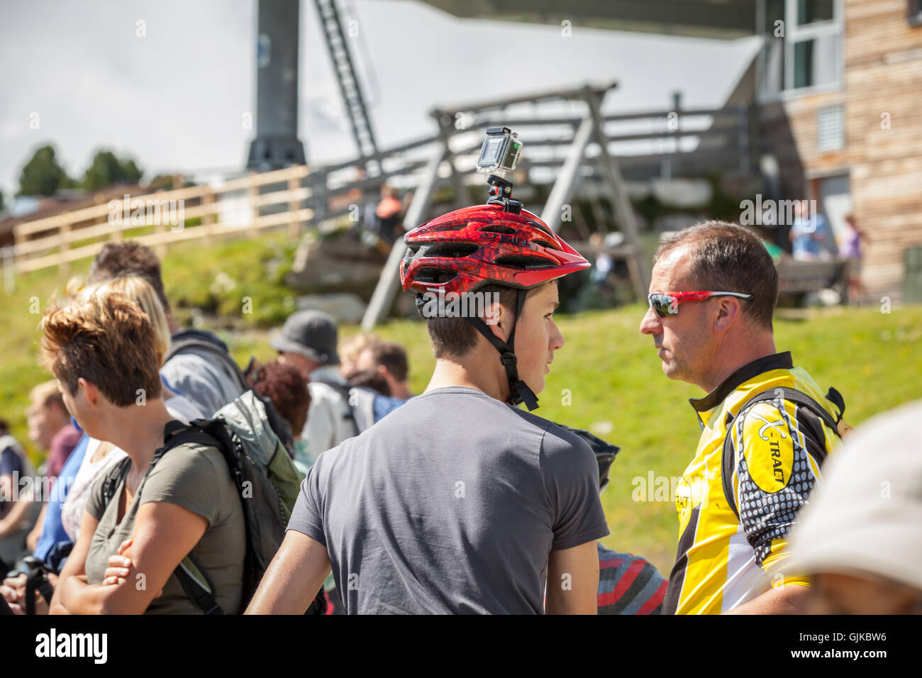 Young boy with an action camera mount on the helmet Stock Photo - Alamy