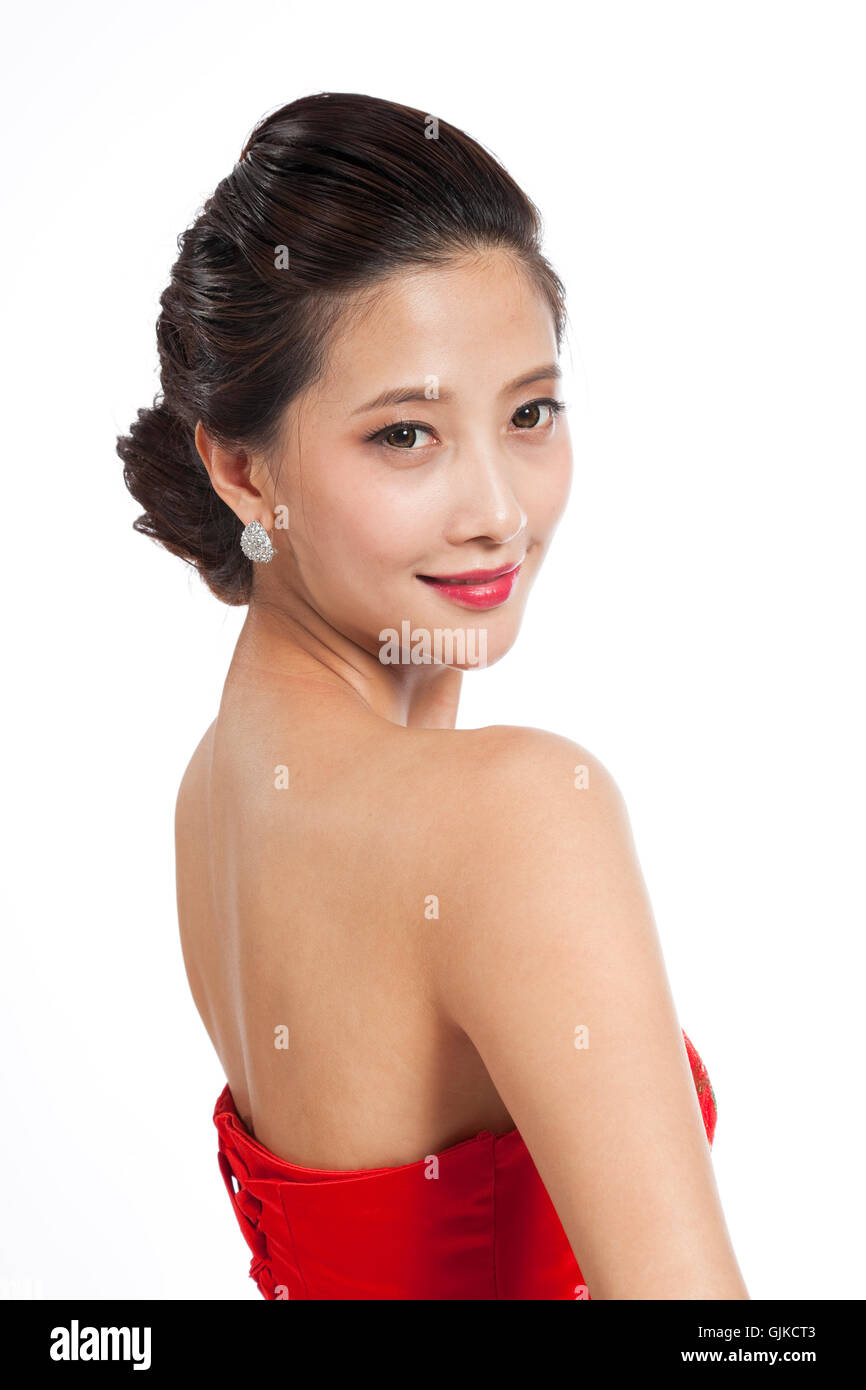 Studio shot Young woman dressed in traditional Chinese costumes back ...