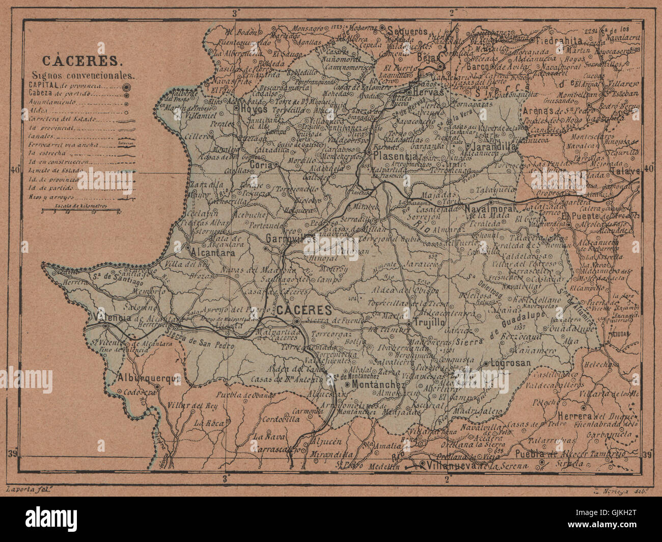 CÁCERES. Caceres. Extremadura. Mapa antiguo de la provincia, 1905 Stock ...