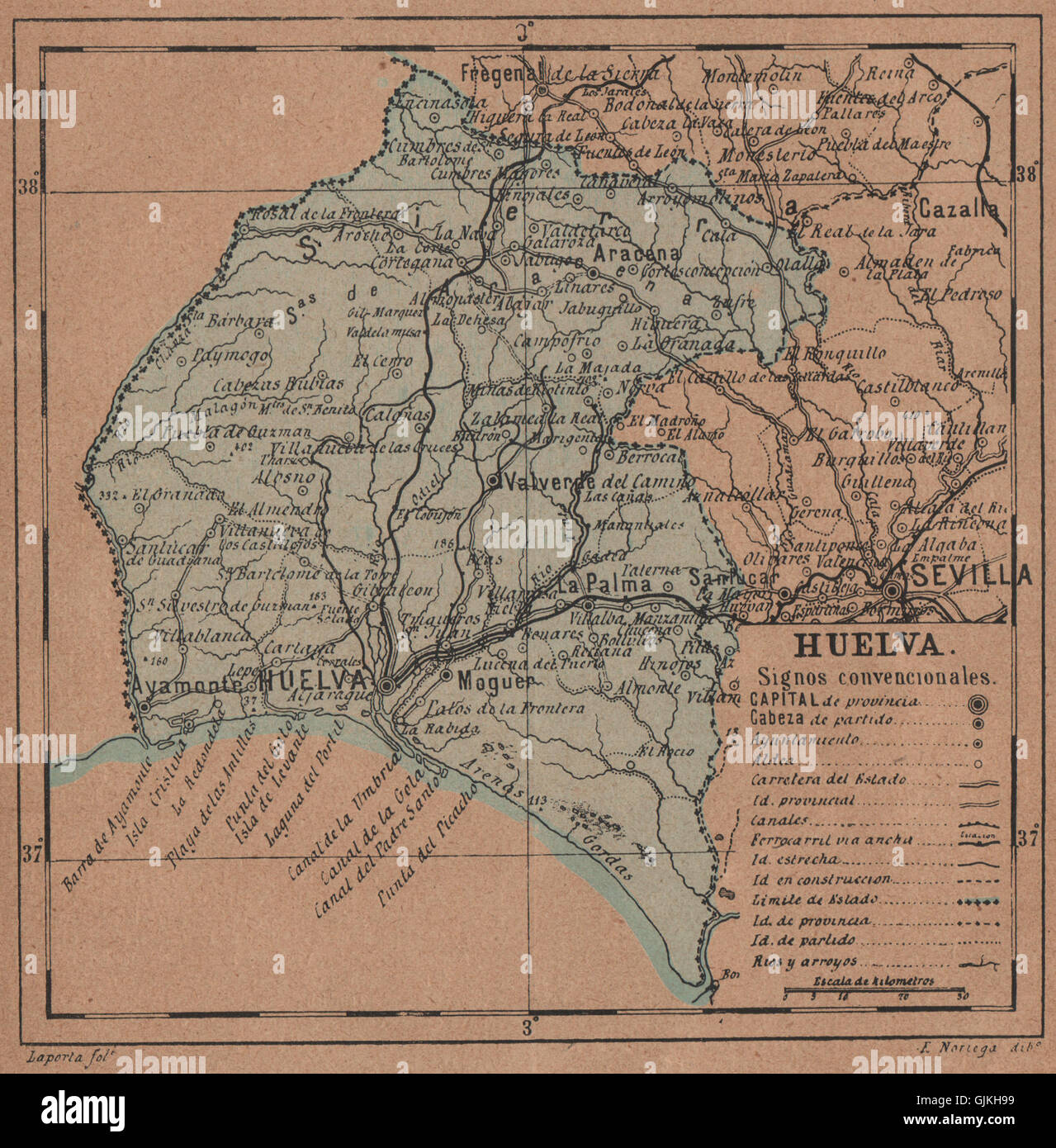 HUELVA. Andalucia. Mapa antiguo de la provincia, 1905 Stock Photo - Alamy