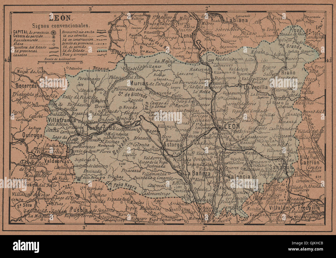 LEÓN. Leon. Castilla y León. Mapa antiguo de la provincia, 1905 Stock ...