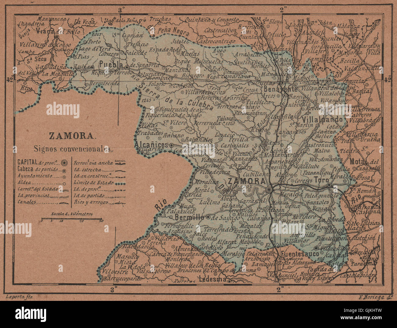 ZAMORA. Castilla y León. Mapa antiguo de la provincia, 1905 Stock Photo ...