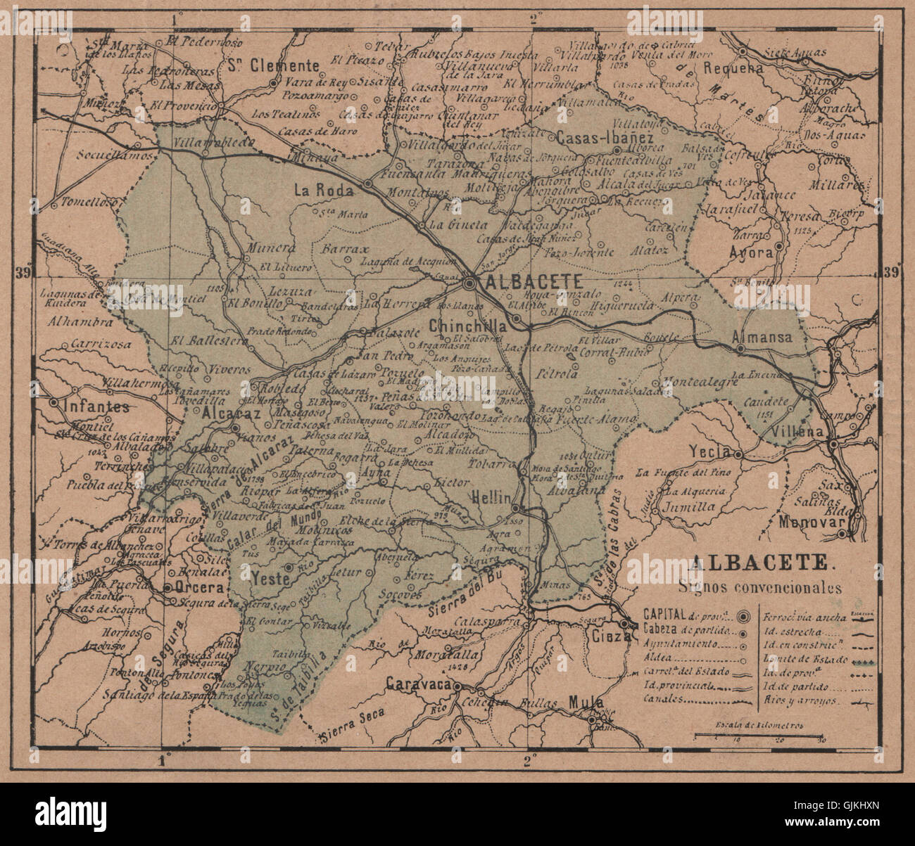 ALBACETE. Castilla-La Mancha. Mapa antiguo de la provincia, 1908 Stock ...
