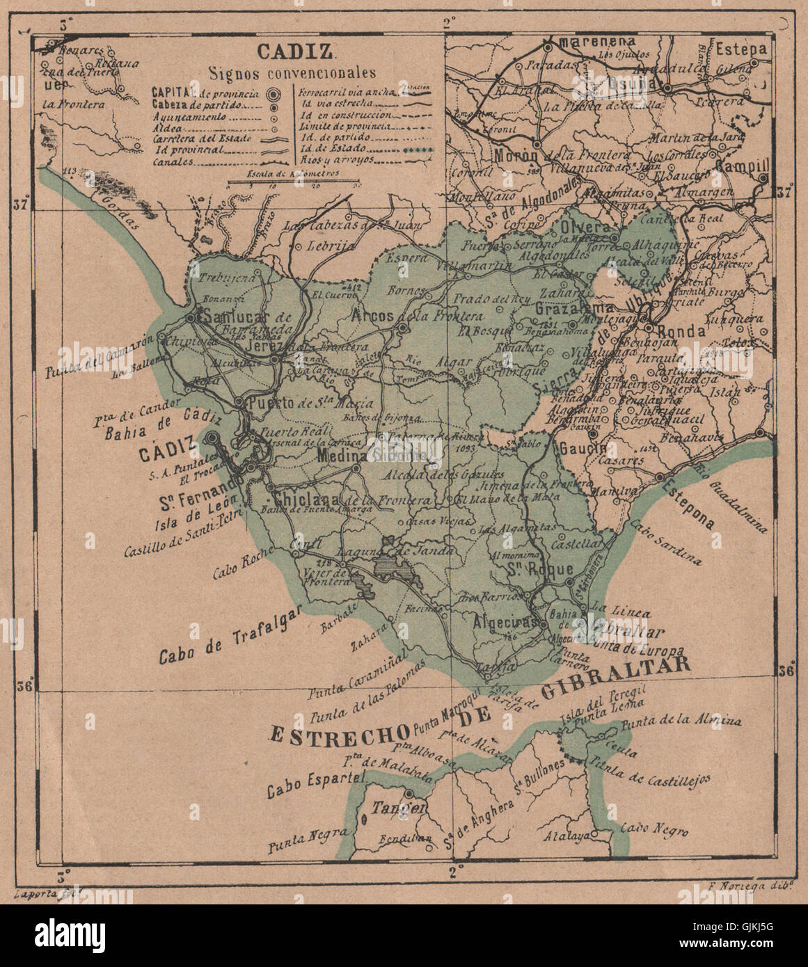 CÁDIZ. Cadiz. Andalucia. Mapa antiguo de la provincia, 1908 Stock Photo ...