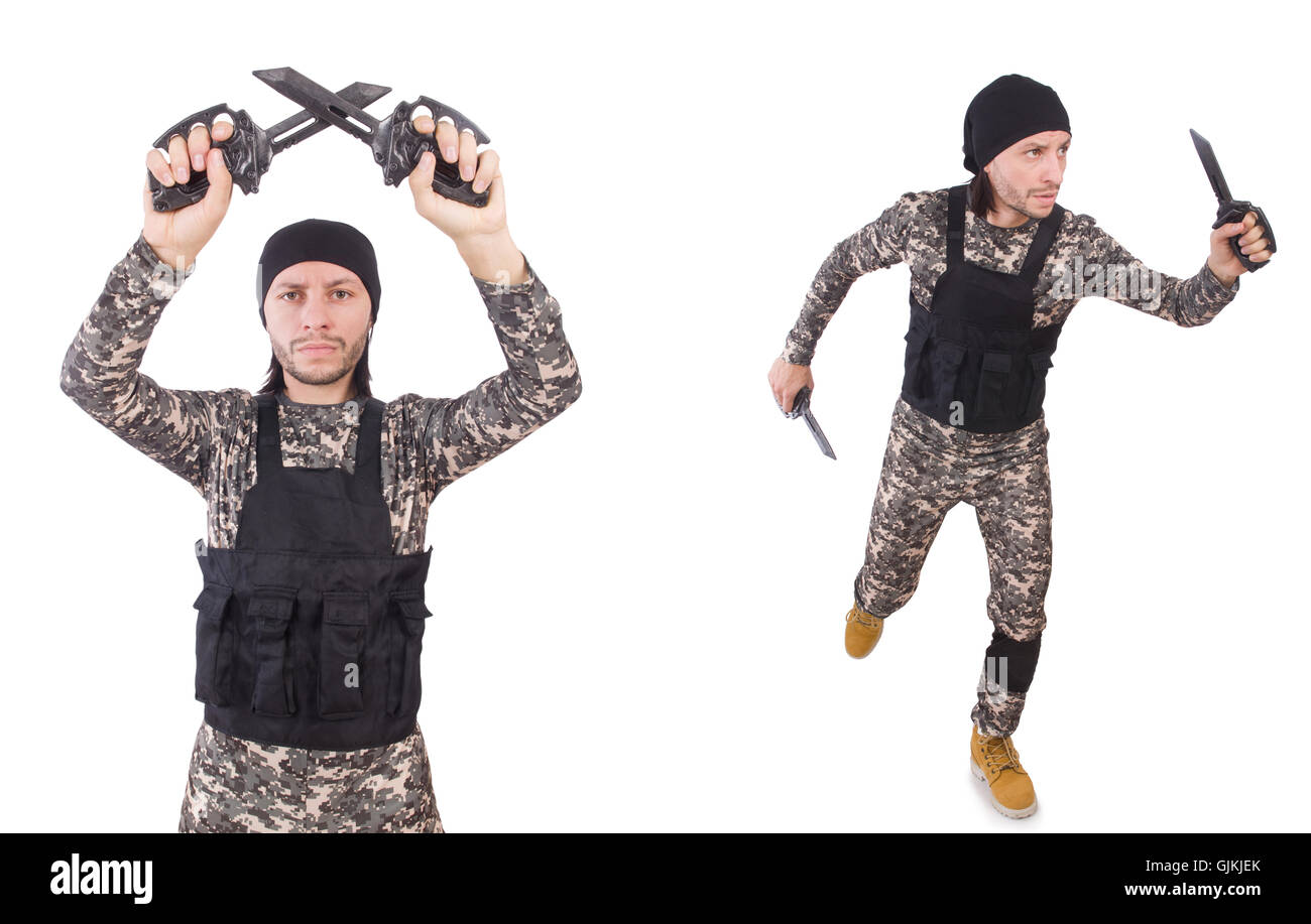 Soldier with knife isolated on white Stock Photo - Alamy