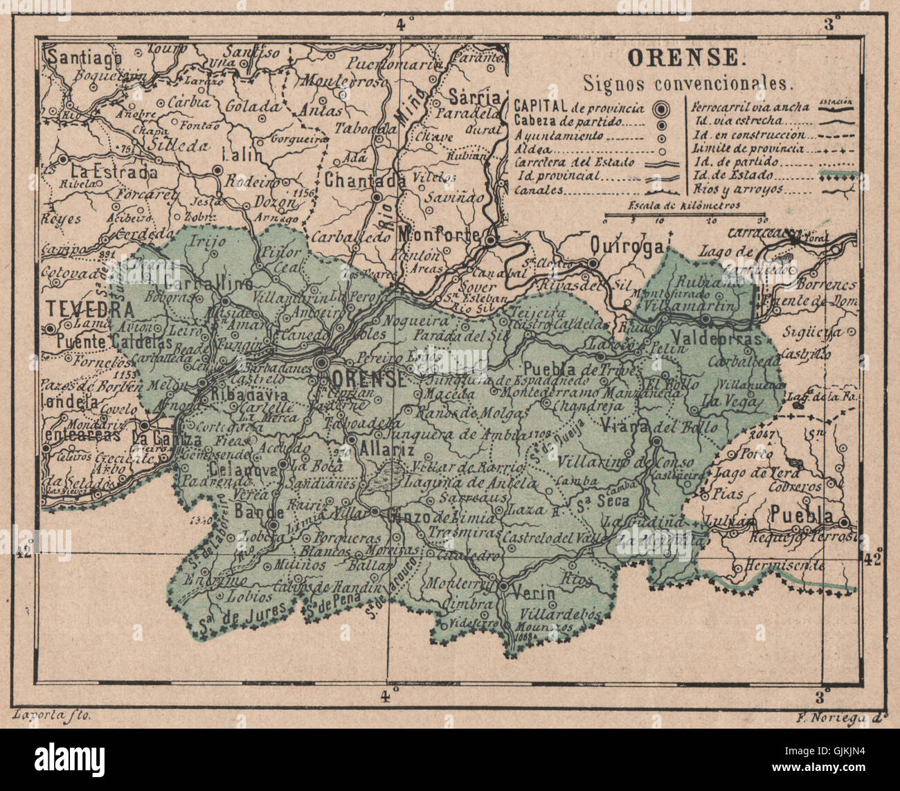 ORENSE. Ourense. Galicia. Mapa antiguo de la provincia, 1908 Stock ...