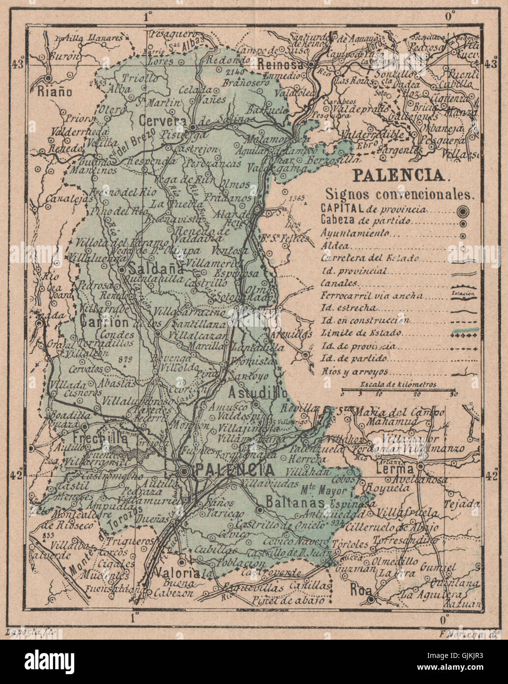 PALENCIA. Castilla y León. Mapa antiguo de la provincia, 1908 Stock ...