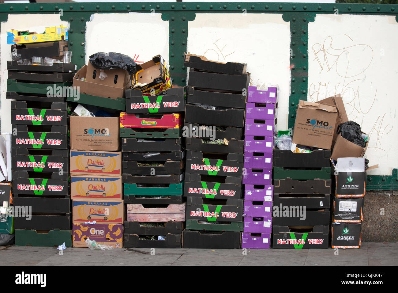 empty boxes out of vegetables left after Market on Brick Lane in London ...