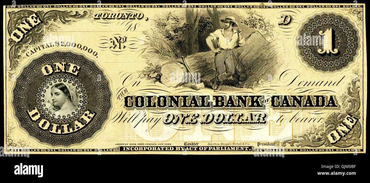 The 1859 1 Dollar note from the Colonial Bank of Canada in Toronto is a ...