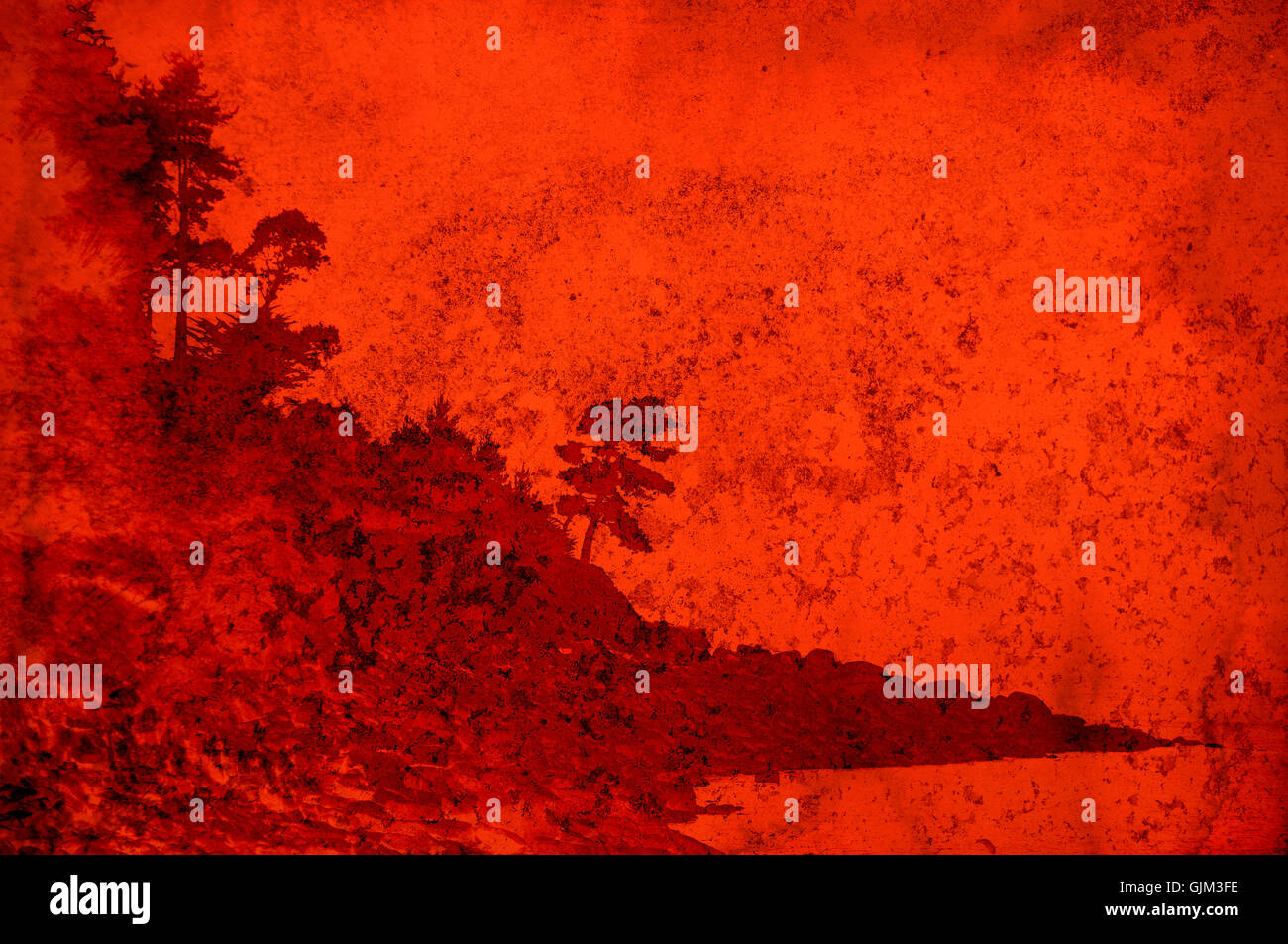 Texture with red vintage landscape of coastal trees and rocks Stock ...