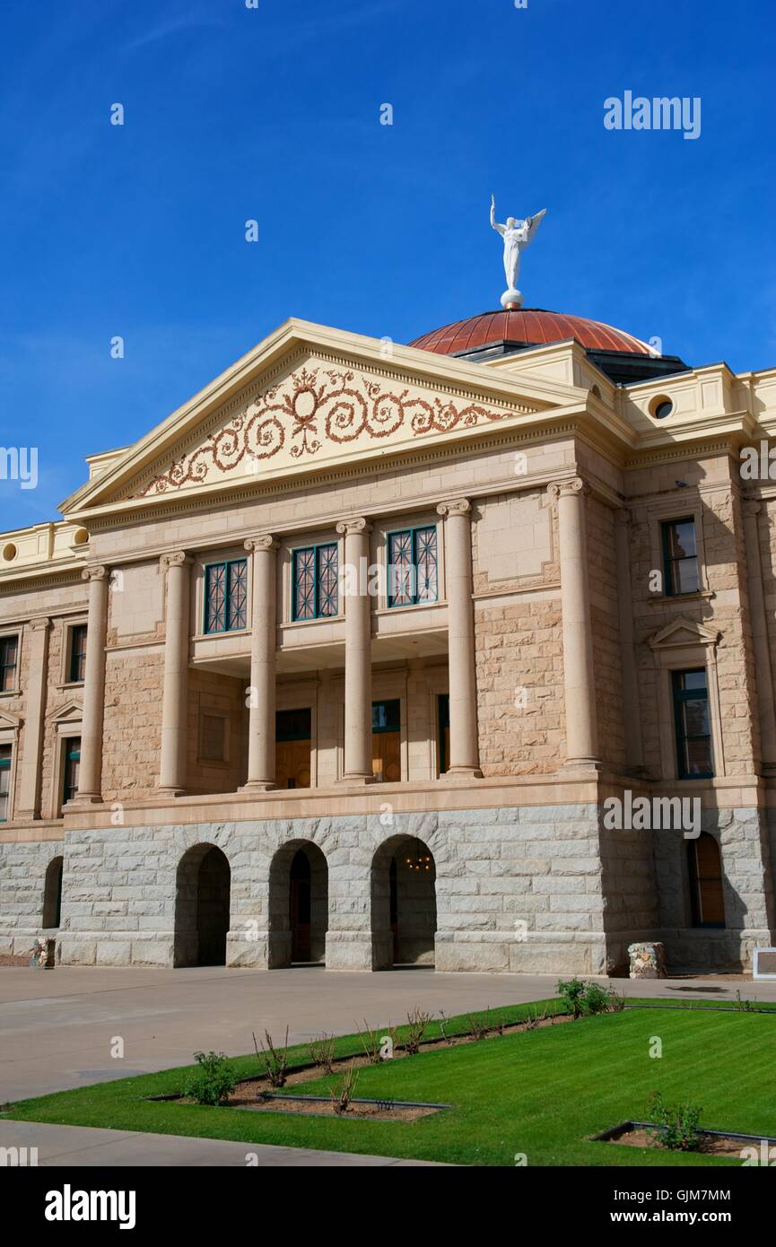 Arizona State Capital with pillars, copper dome, angel and bright blue ...