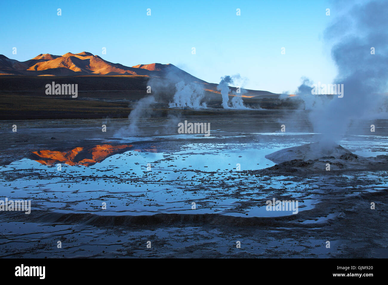 sunrise on geyser field El Tatio in Atacama region, Chile Stock Photo ...