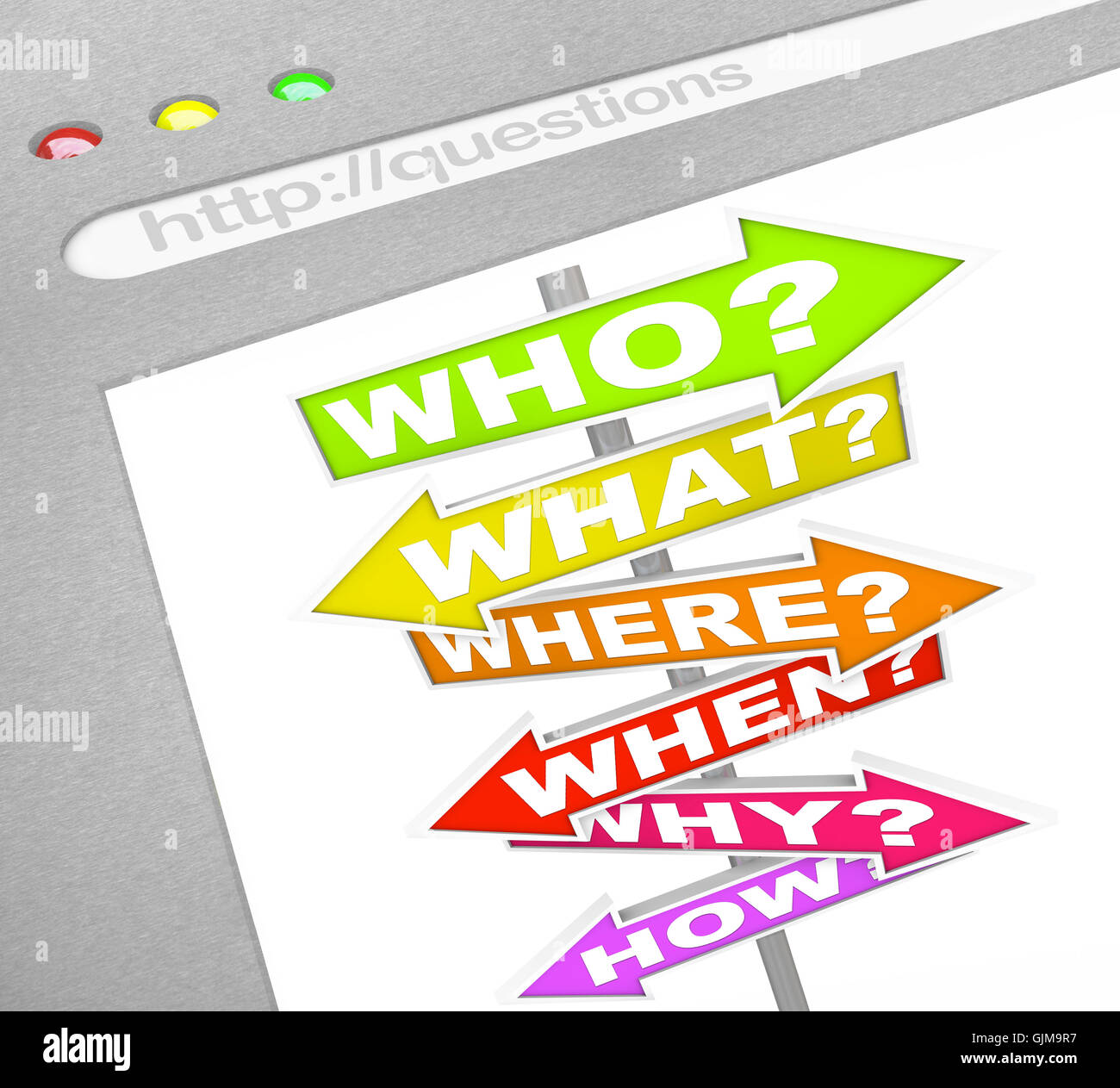 Question SIgns Online - Web Screen Who What Where Stock Photo - Alamy