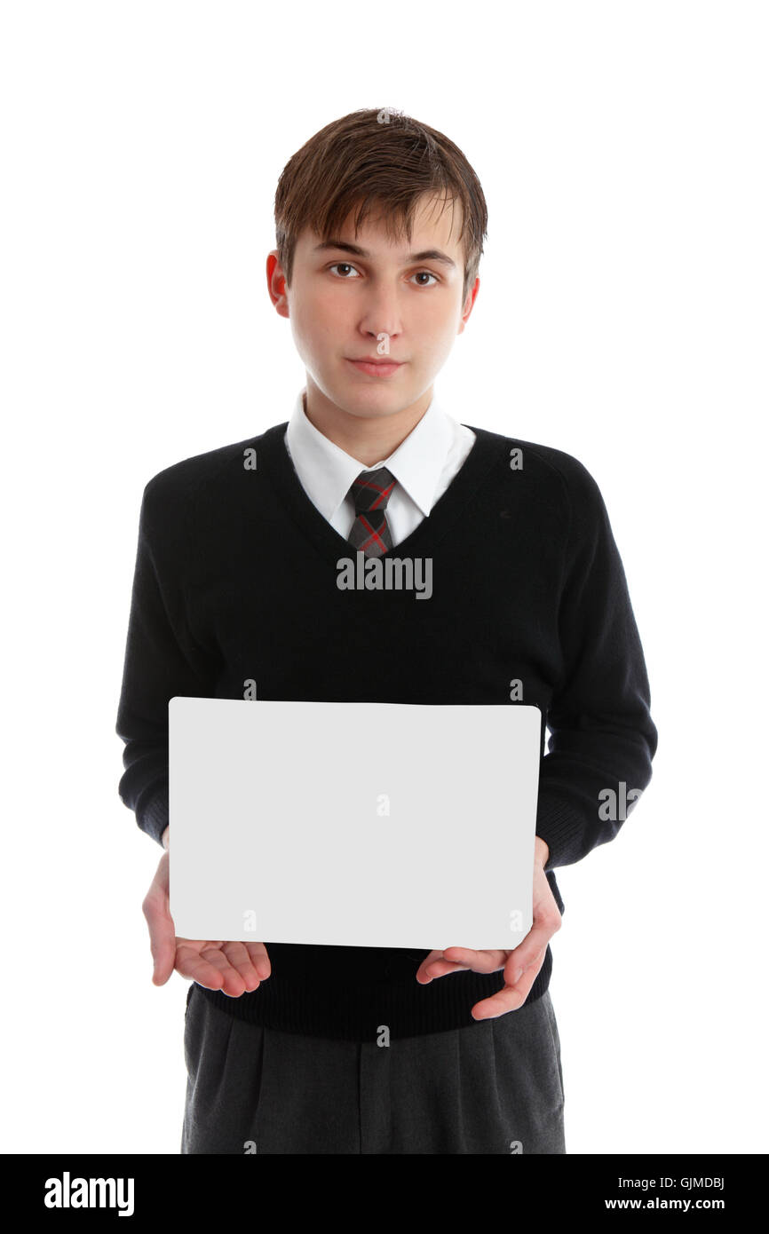 Teen boy holding sign, book or other object Stock Photo - Alamy