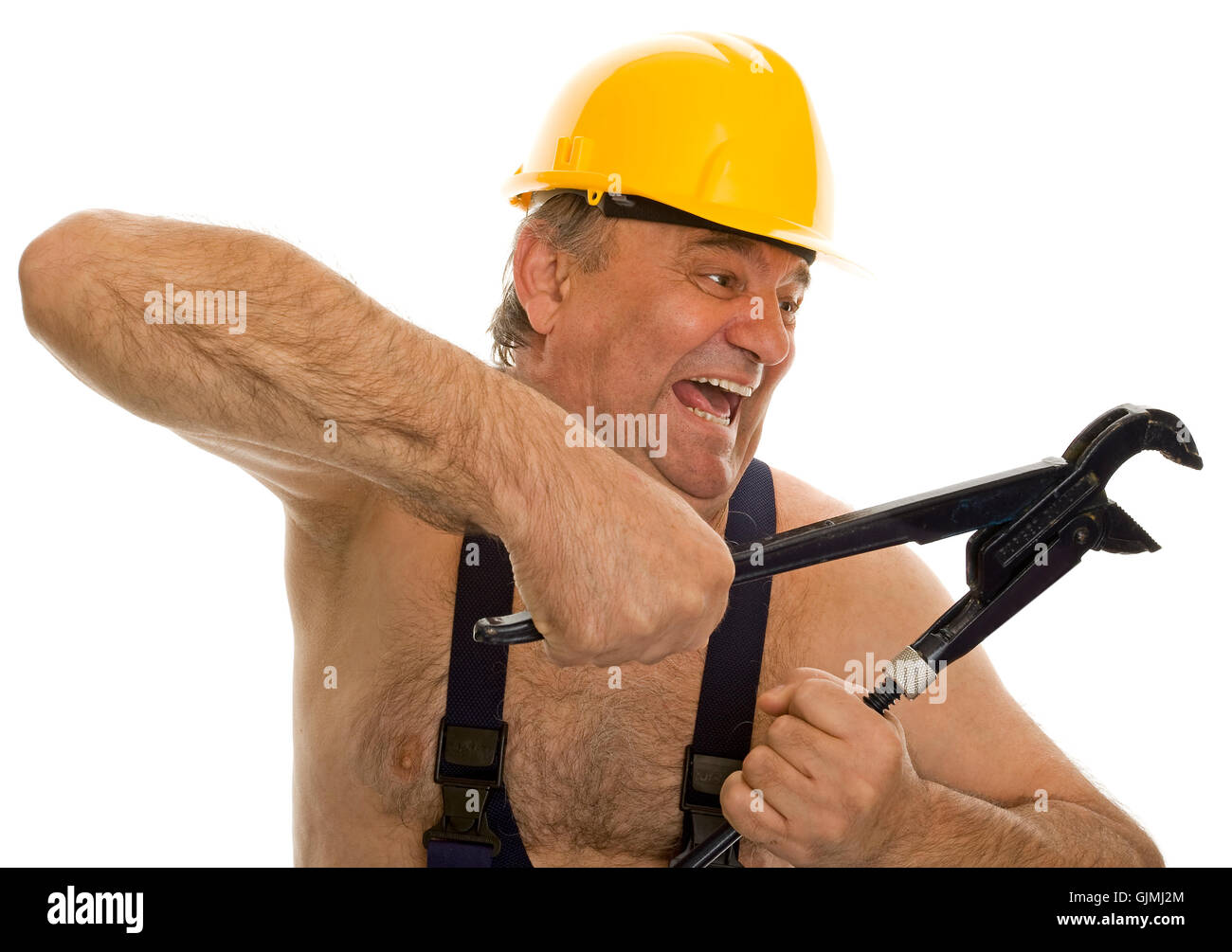 plumber with pipe wrench and safety helmet Stock Photo - Alamy