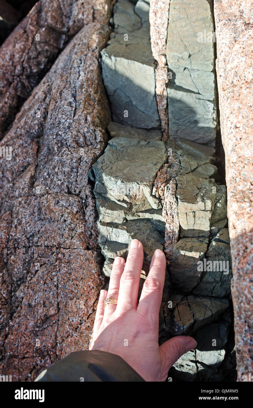 Woman's hand showing the scale of a basalt dike in Cadillac Mountain ...