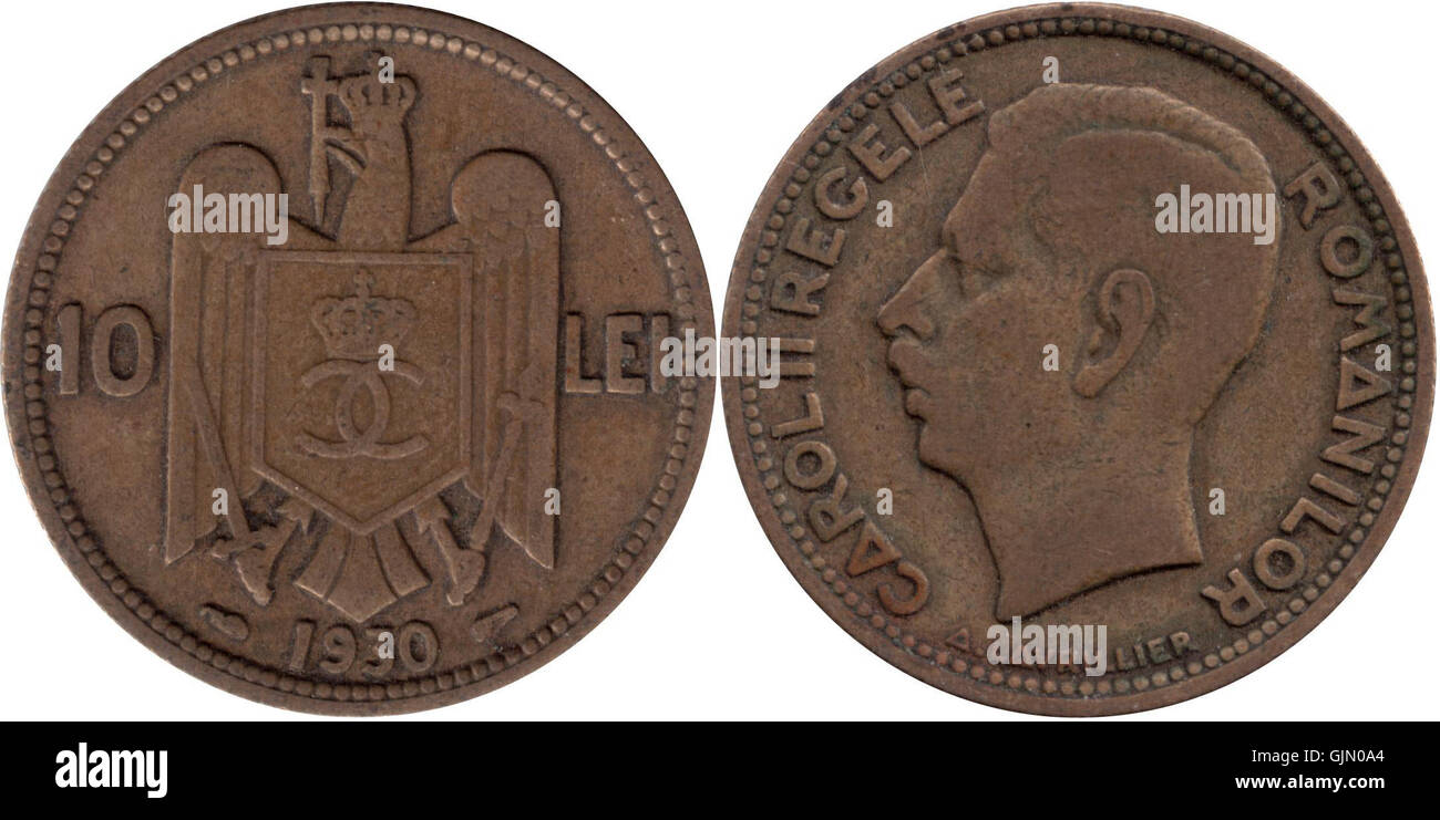 A 10 lei coin from Romania, minted in 1930. The coin features key ...