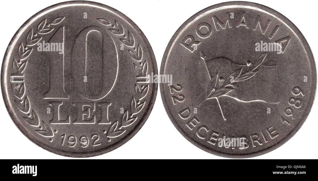 The 10 lei coin from Romania, minted in 1992, features a specific ...