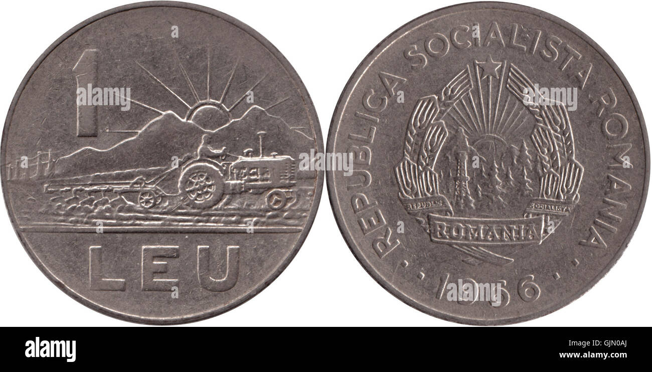 A Romanian 1 leu coin from 1966, featuring designs that reflect the ...