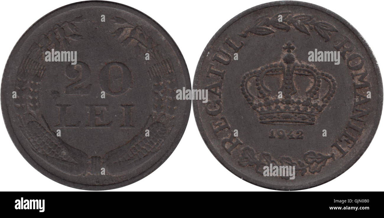 This is an image of a 20 Lei coin from Romania, issued in 1942. The ...