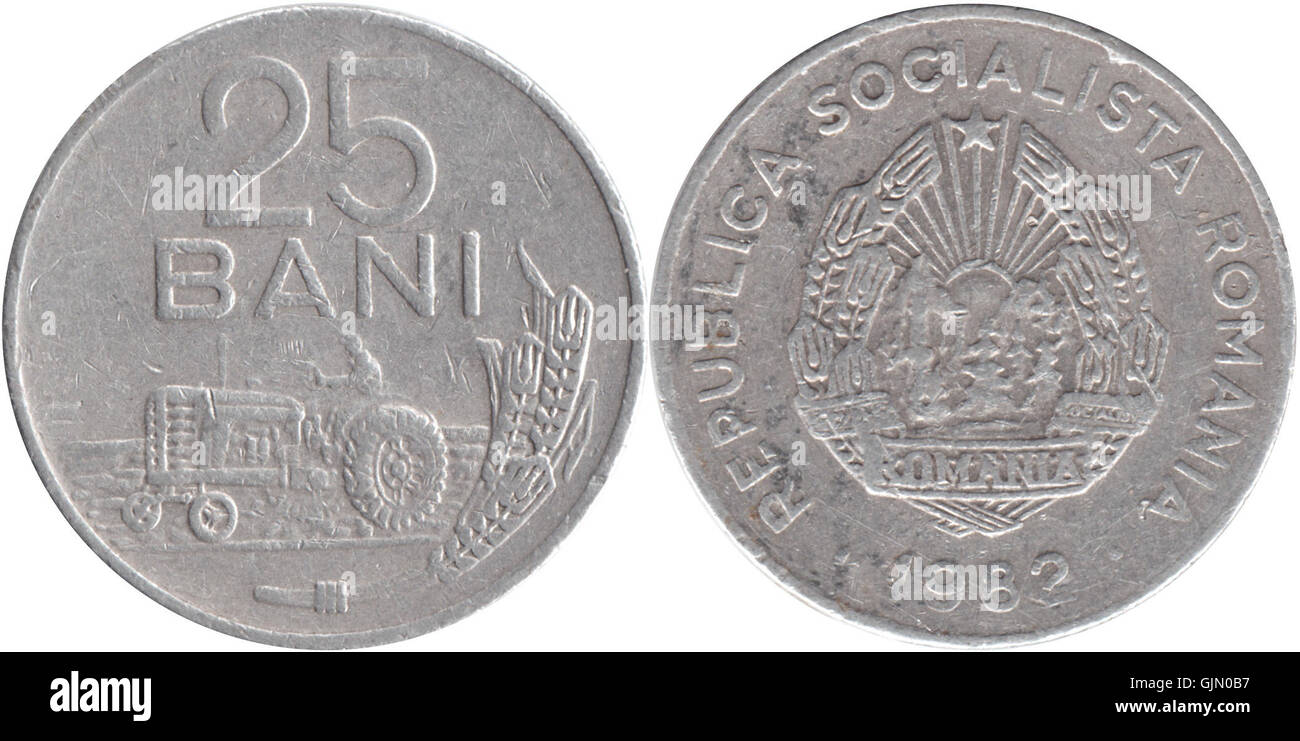 A 25 Bani coin from Romania, minted in 1982, representing the currency ...