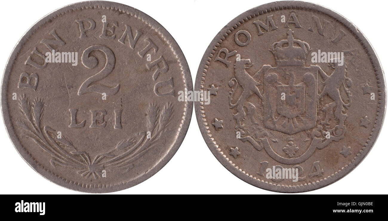 A 1924 Romanian 2 lei coin, featuring the national emblem and symbolic ...