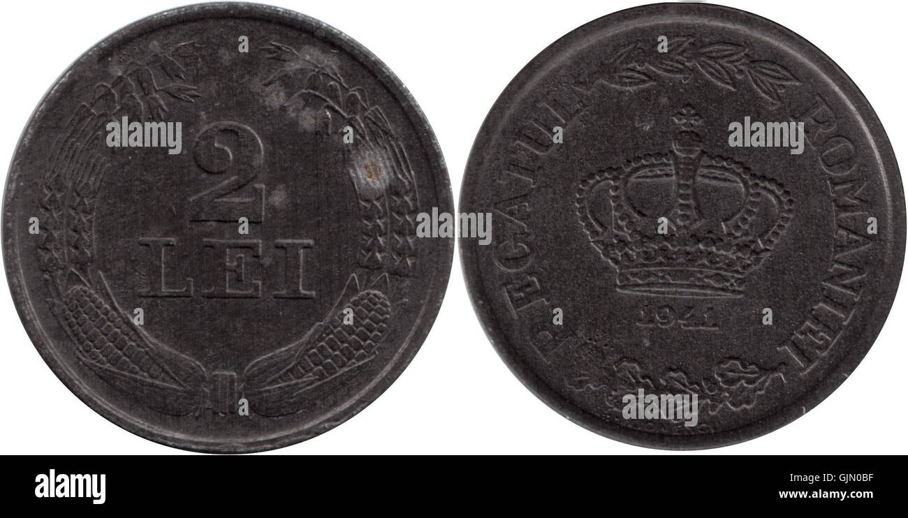 The 1941 Romanian 2 lei coin features national symbols, reflecting ...