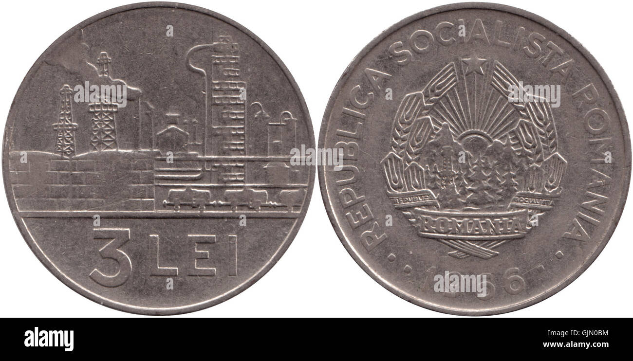 A 3 Lei coin from Romania, minted in 1966, highlighting the design and ...