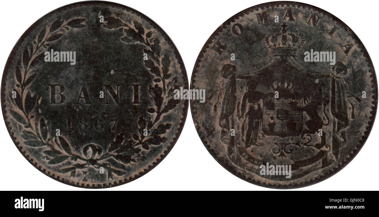 A 5 bani coin from Romania, minted in 1867. This coin represents the ...