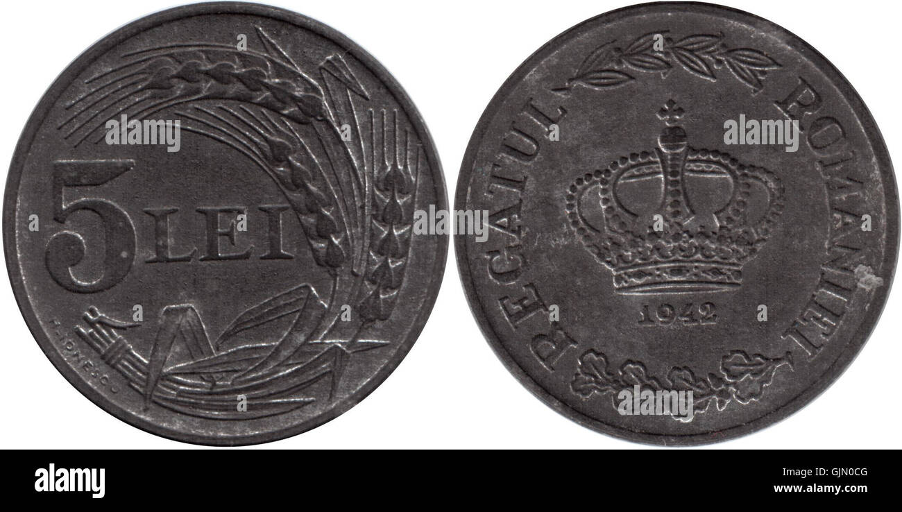 This 5 lei coin from Romania, minted in 1942, showcases the national ...