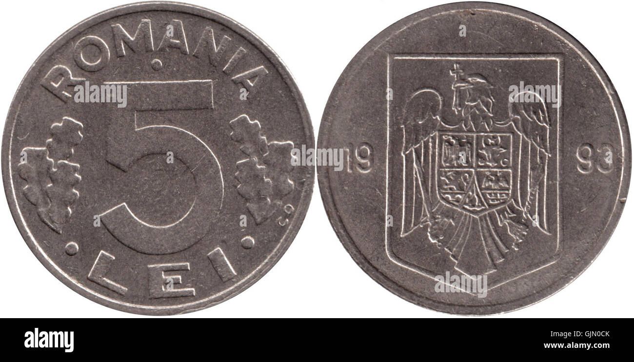 A 1993 5 Lei coin from Romania, featuring designs that reflect the ...